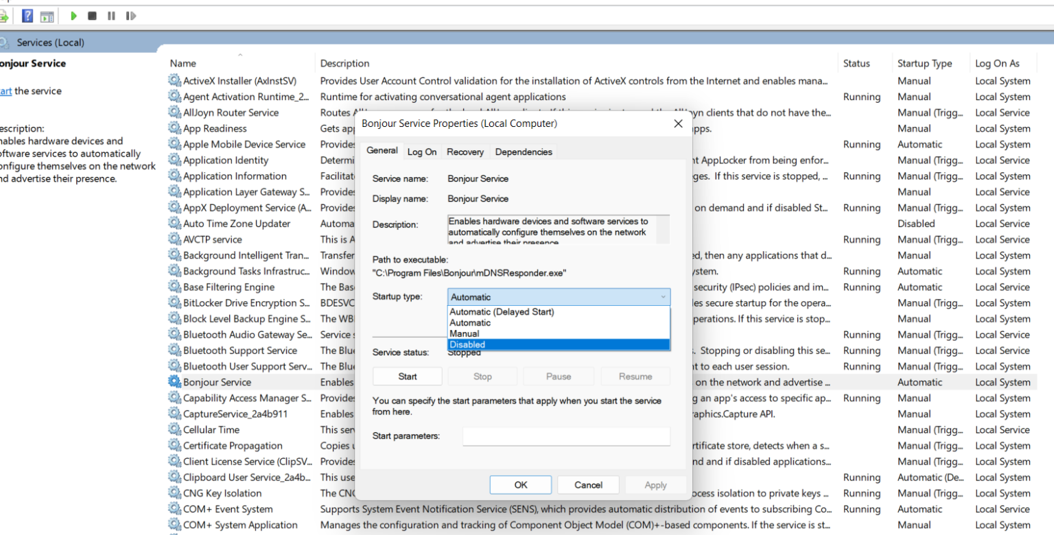 Bonjour service on Windows 11