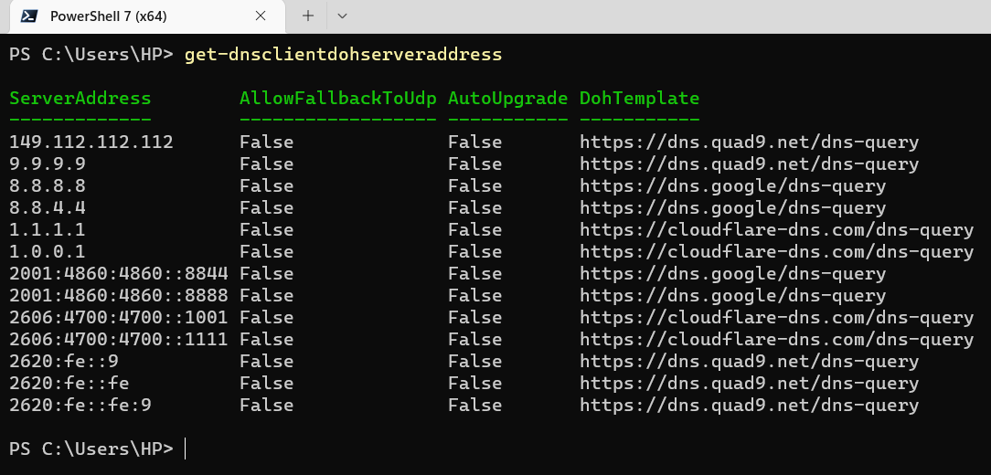 DoH DNS Servers using Powershell