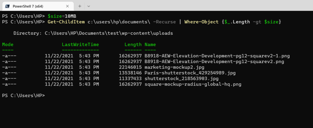 Find files over specific size using Powershell