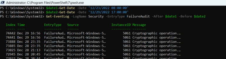 Find event logs within a date range using Powershell