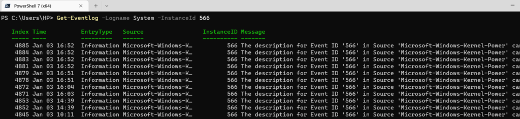 Get event logs for an event using Powershell.